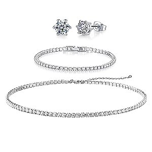 TENGTENGFIT Tennis Necklace Bracelet Earrings Jewelry Sets for Women Teen Girls 14K Silver Plated Cubic Zirconia Fashion Jewelry Hypoallergenic