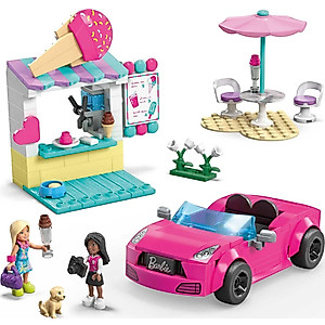 Mega Barbie Car Building Toys Playset, Convertible & Ice Cream Stand with 225 Pieces, 2 Micro-Dolls and Accessories, Pink,
