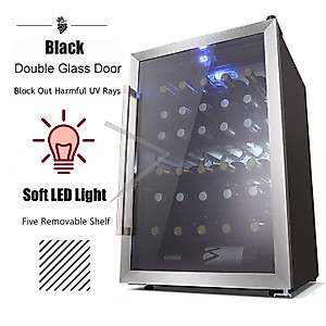 Antarctic Star 36 Bottle Wine Cooler/Cabinet Beverage Refigerator Small Wine Cellar Soda Beer Counter Top Bar Fridge Quiet Operation Compressor Digital Freestanding Door Black Glass