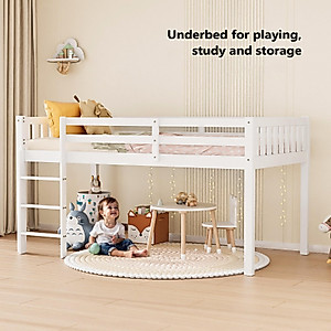 JOYMOR Twin Loft Bed Low Loft Bed Frame for Little Kids Small Room/Low Ceiling Bedrrom with Guardrail and Ladder, White