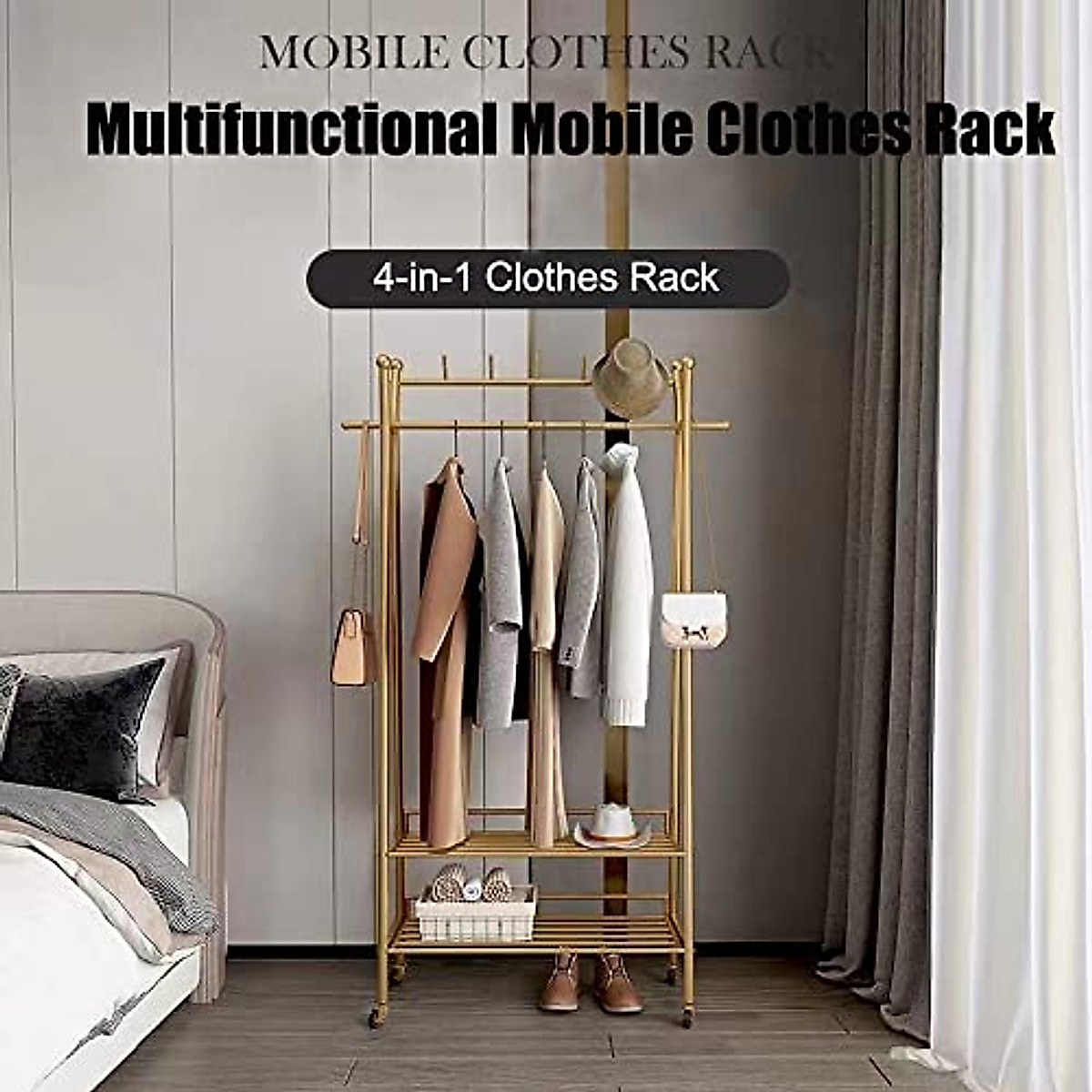 HEONITURE Gold Clothing Rack with Shelves, Rolling Garment Rack for Hanging Clothes, Heavy Duty Choset Clothes Rack for Indoor Bedroom Sturdy Steel Frame（31.5"）