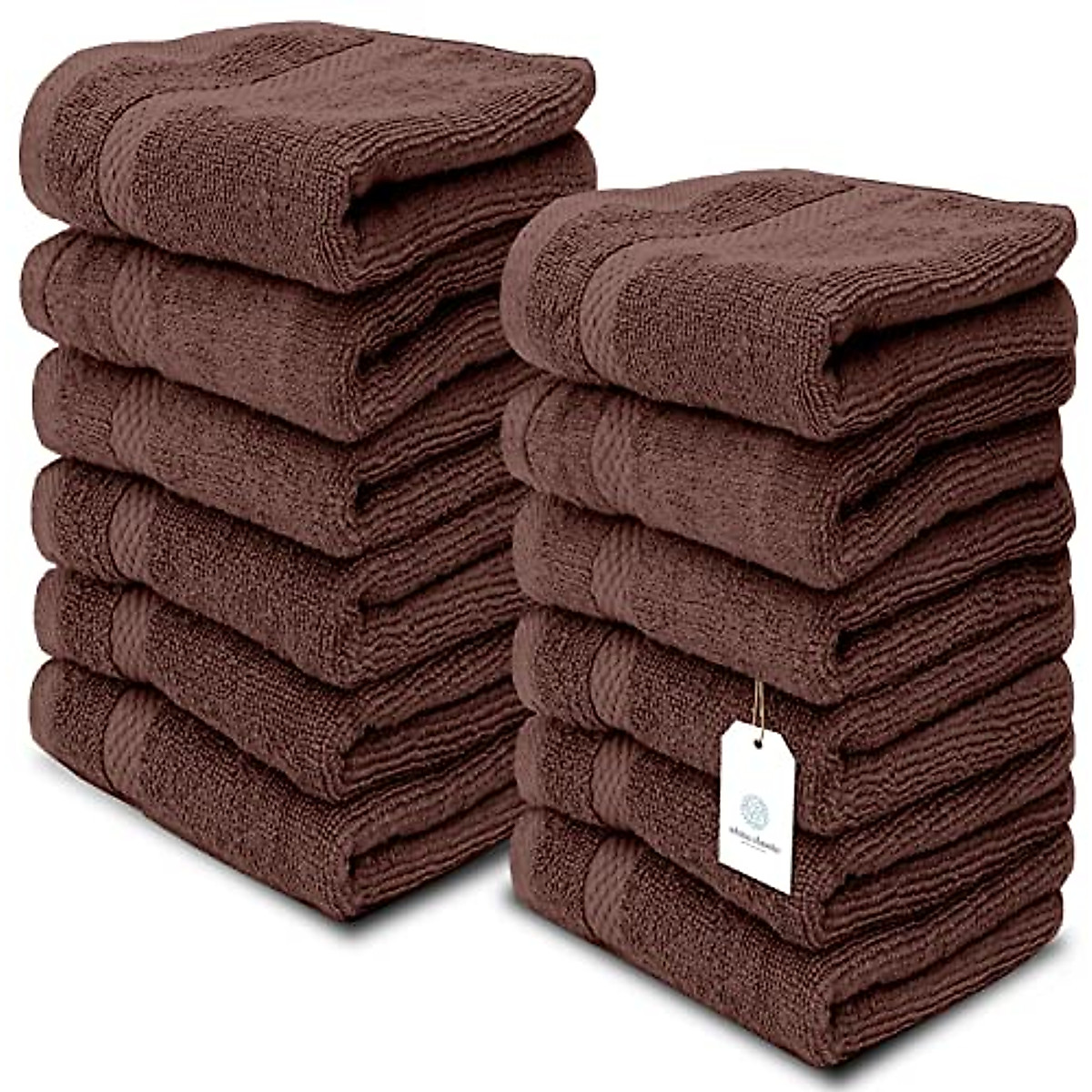 White Classic Luxury Hand Towels | 6 Pack Luxury Cotton Washcloths | 12 Pack Bundle (Brown)