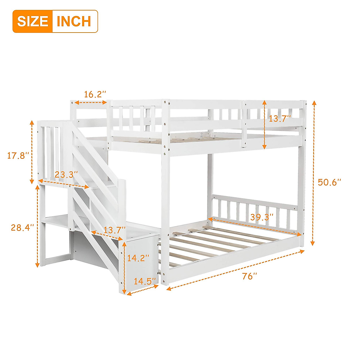 SOFTSEA Twin Over Twin Low Bunk Bed with Stairs Solid Wood Floor Bunk Beds for Boys and Girls Floor Bunk Bed No Box Spring Required (White)