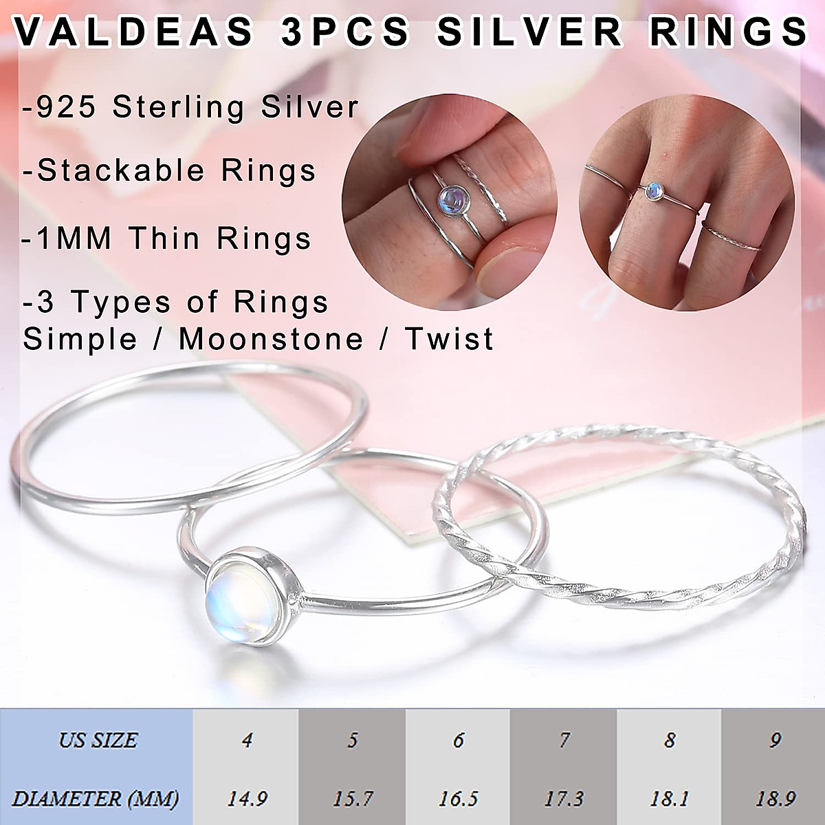 VALDEAS Silver Stackable Rings for Women 3Pcs 925 Sterling Silver Rings Thin Simple Knuckle Rings Minimalist Pinky Middle Pointer Finger Rings Comfort Fit 9