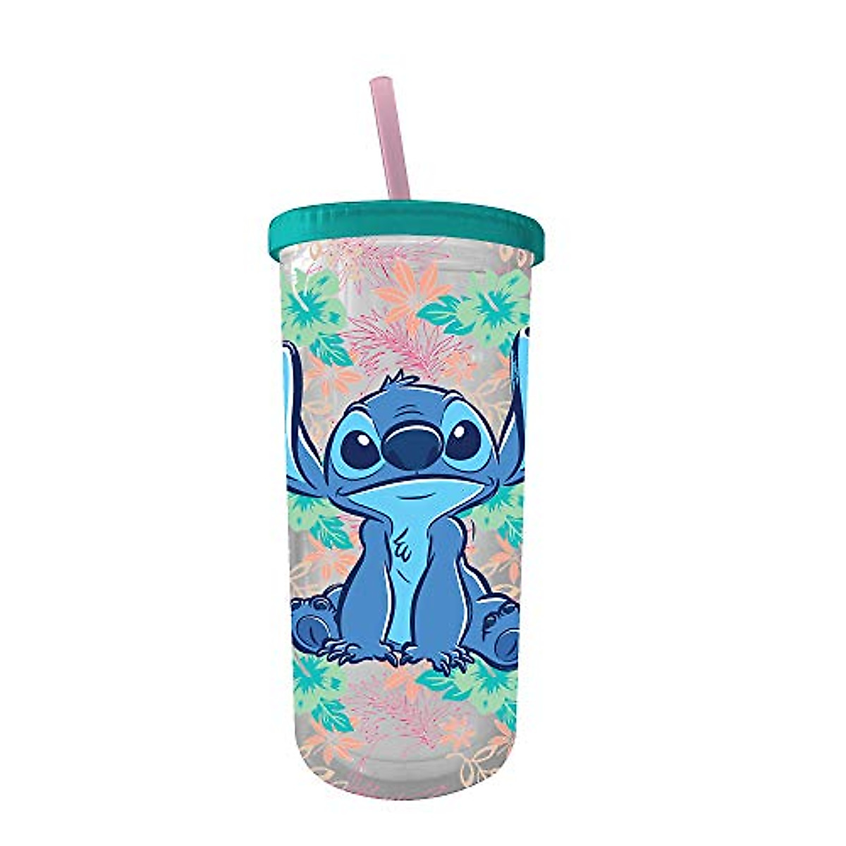 Silver Buffalo Lilo and Stitch Tropical Pattern Plastic Tall Tumbler/Cold Cup with Lid and Straw, 20-Ounce