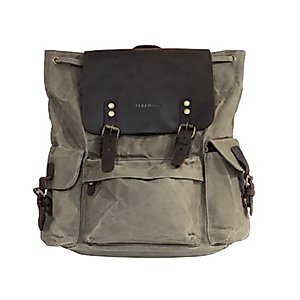 Peraware SAGE Genuine Leather Green Military Backpack Casual Daypack Backpacks Rucksack - Mens Backpack for Travel - Canvas Leather Backpack for Women Men Luggage Laptop Backpack for Men.