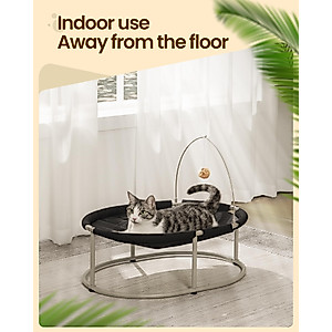 Hzuaneri Oval Raised Cat Bed, Elevated Pet Hammock, for Kitty Cat Small Dog with Pompom, Detachable and Washable, Easy Assembly Cat Cot Excellent Breathability, for Indoors & Outdoors, Black PB06701X