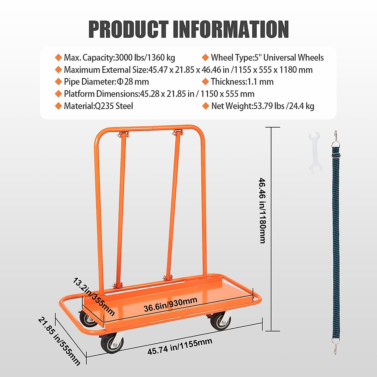 Heavy Duty Dolly Panel Dolly Drywall Sheet Board Cart with 5" Swivel Wheels 3000LBS Load Platform Truck Cart Plywood Dolly for Wall Panel, Wood Panel, Sheetrock Granite Sheet Tile Dolly Cart