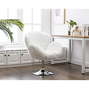 White Makeup Vanity Chair, Cute Furry Home Office Chair with Wheels Arms, Fluffy Swivel Accent Chair for Girls Bedroom Living Room,White Long Fur