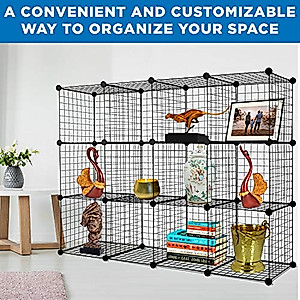 Work-It! Wire Storage Cubes, 12-Cube Metal Grid Organizer | Modular Wire Shelving Units, Stackable Bookcase, DIY Closet Cabinet Organizer for Home, Office, Kids Room | 14" W x 14" H, Black