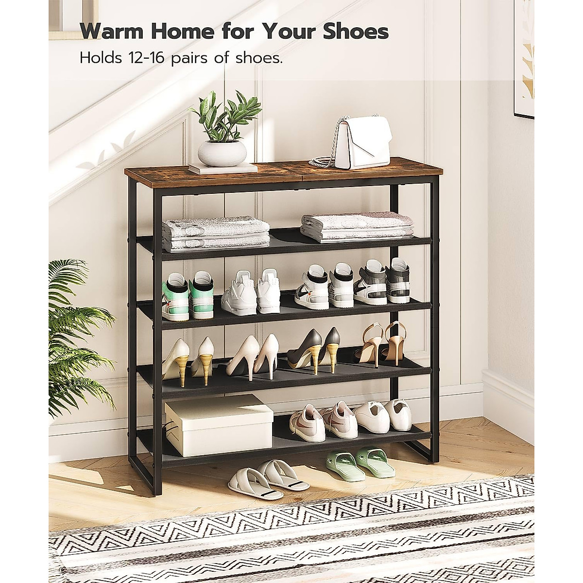 HOOBRO Shoe Rack, 5 Tier Shoe Storage Organizer with 4 Oxford Fabric Shelves and Top Panel, Holds 16-20 Pairs of Shoes, for Entryway and Closet, Industrial, Rustic Brown BF50XJ01