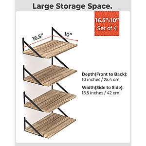 Greaittle 10 Inch Deep Floating Shelves, 16.5" x 10", Set of 4, Natural Wood Floating Book Shelves for Bedroom, Living Room, Rustic Wall Shelves for Books, Plants and More, Burnt Wood Finish