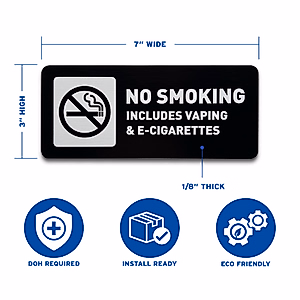 No Smoking Sign by GDS - ADA Compliant, with Raised Icons and Lettering- Includes Adhesive Strips for Easy Installation 7" W x 3" H - (Brushed Black)