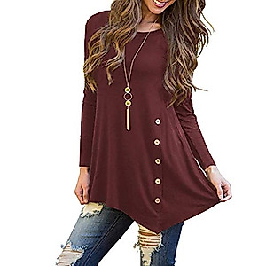 Miskely Women's Long Sleeve Casual Scoop Neck Tees Button Side Shirt Blouse Tunic Top (XL,Wine)