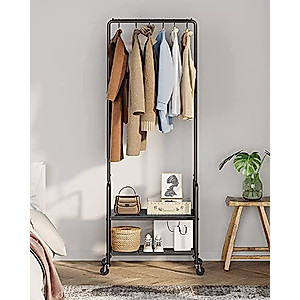 Labonida Rolling Clothing Rack - Space-Saving Clothes Rack on Wheels - Portable Hanging Storage Organizer with 2 Shelves - Sturdy Metal Garment Rack for Home & Business (Black, Industrial Style)