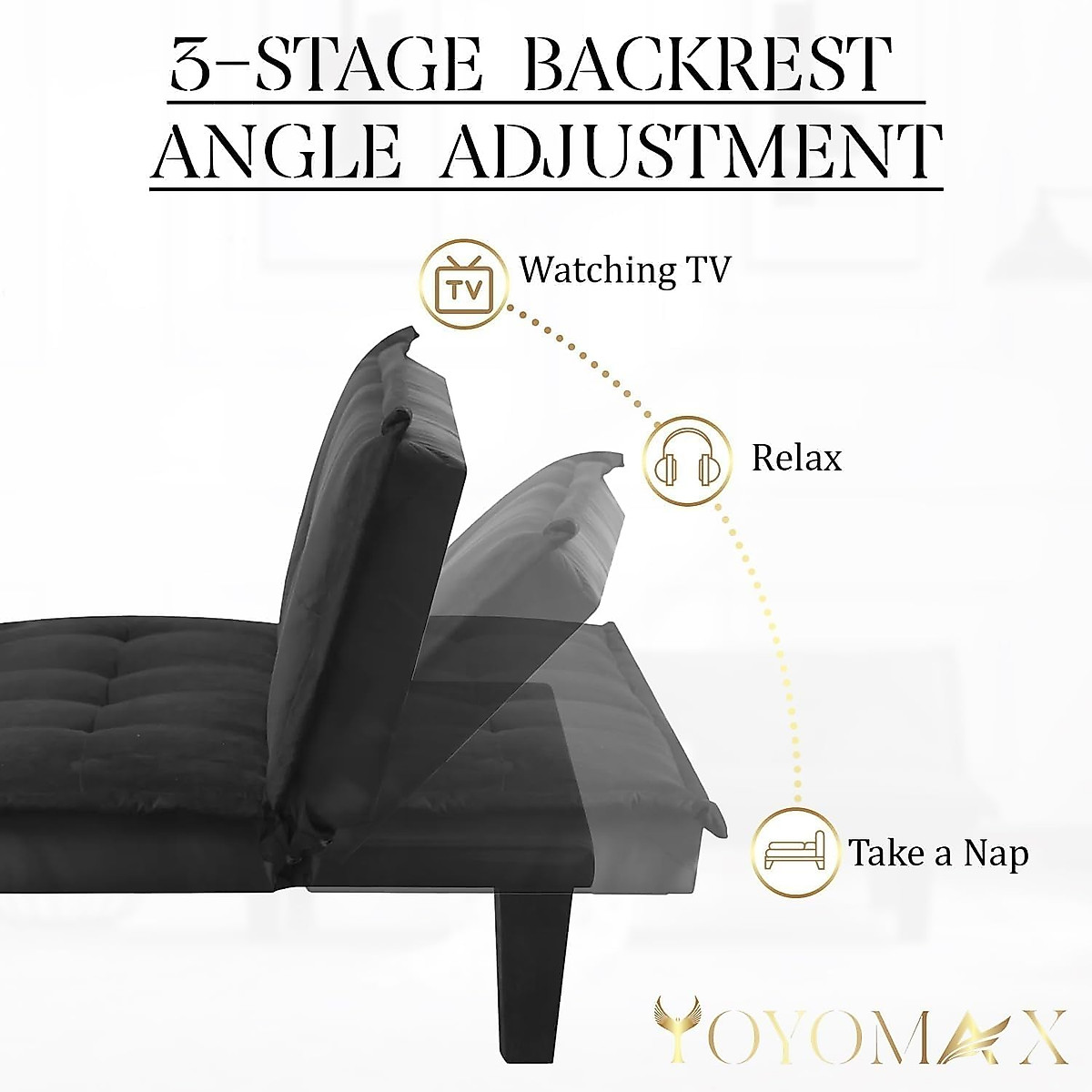 yoyomax Futon Sofa Bed-Convertible Sofa Bed Couch with Adjustable Modern Folding Sofa Bed Easy to Clean-Ideal for Bedroom, Living Room, Apartment and Office-Compact Design for Spacing Saving, Black