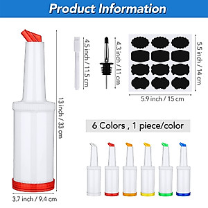 Ruisita 6 Pack Fruit Juice and Liquor Pour Bottles Bar Juice Containers Plastic Pour Bottles with Stainless Steel Bottle Pourer Tapered Spout for Liquor Juice Store (34 Ounces, Multicolor)