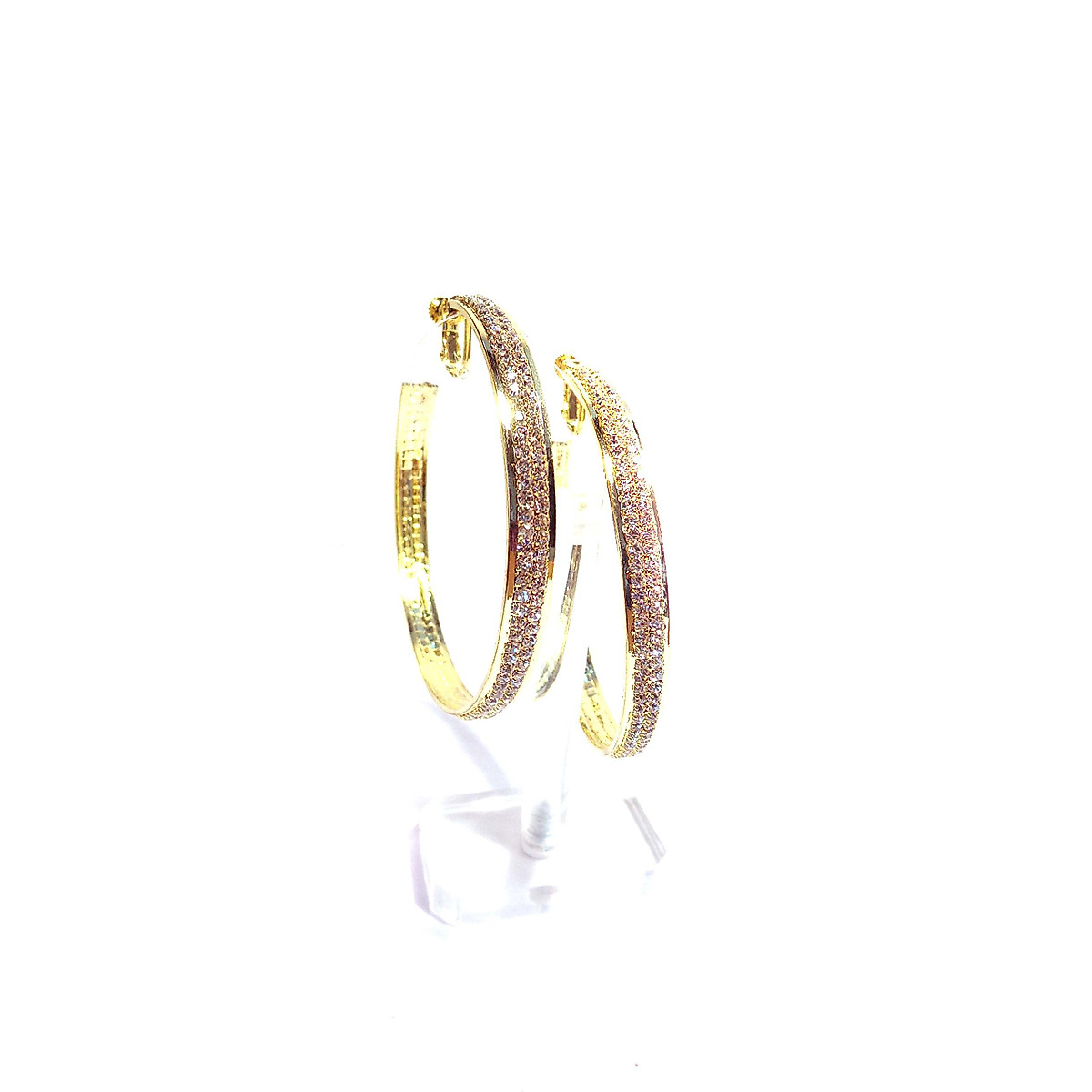 Clip-on Earrings Gold Tone Double Crystal Hoop Earrings 3 Inch Clip Hoop Earrings for Non Pierced Ears