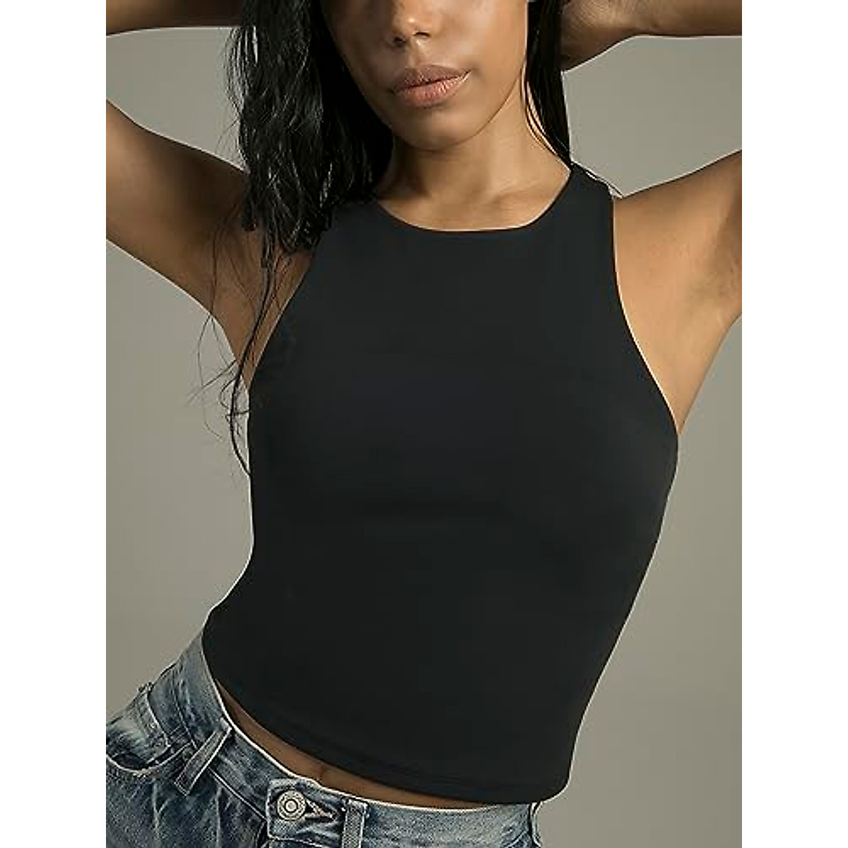 Colorfulkoala Women's Tank Tops Body Contour Sleeveless Crop Double Lined Yoga Shirts(L, Black)