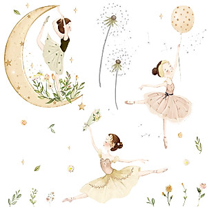 2 Sheets Ballet Girls Wall Stickers 3D Moon and Flower Wall Decals DIY Removable Dandelions Wall Sticker for Kids Baby Girls Bedroom Nursery Living Room TV Background Kids Rooms Home Wall Decoration