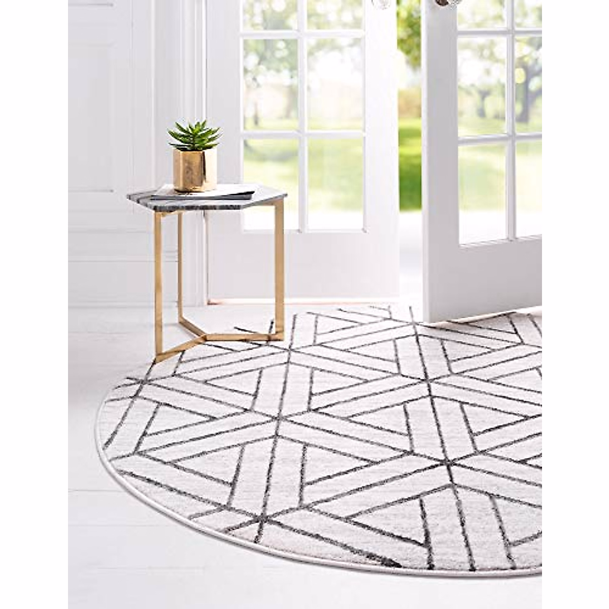 Rugs.com Lattice Trellis Collection Rug – 8 Ft Round White Low-Pile Rug Perfect for Kitchens, Dining Rooms