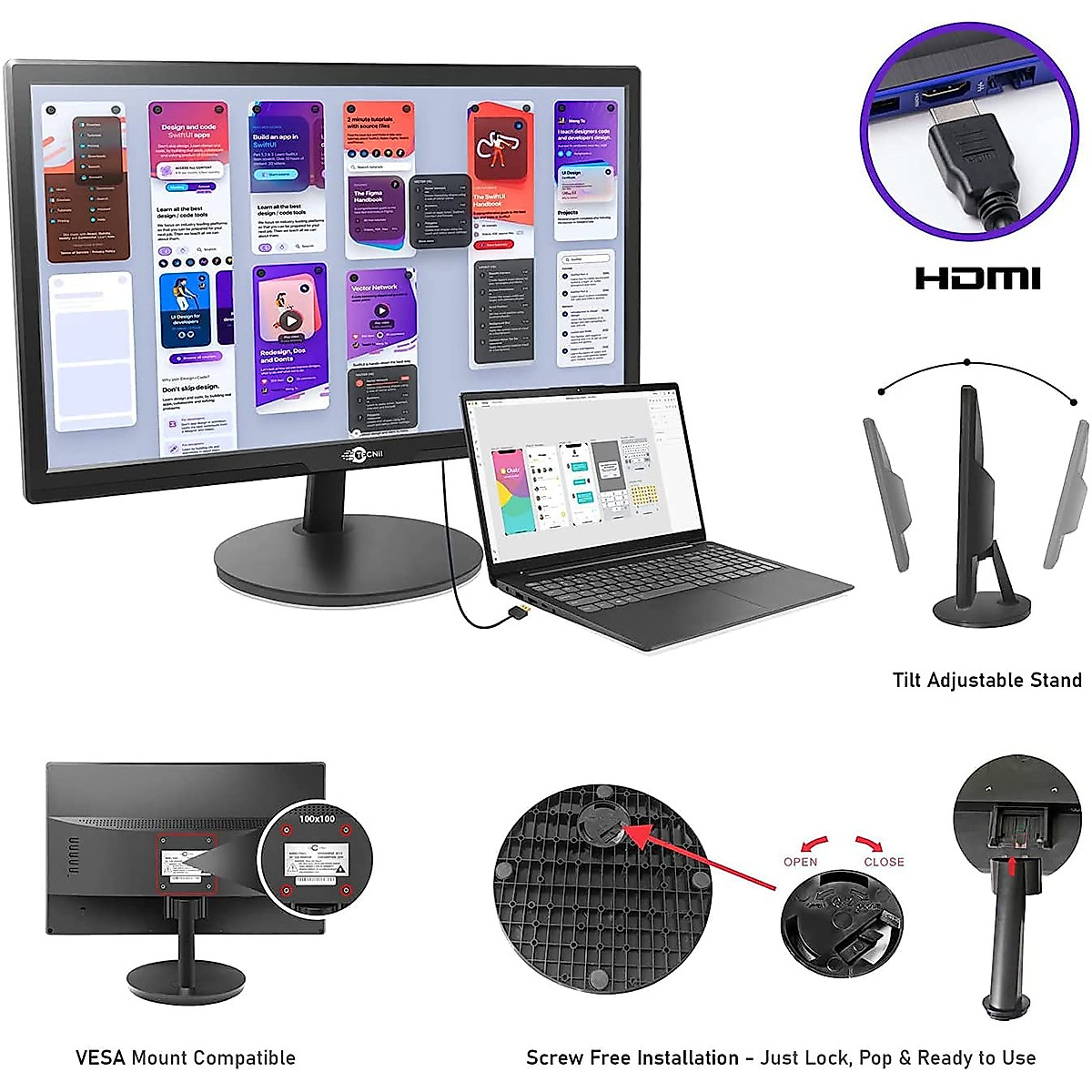 TECNII 20 Inch Widescreen LED Backlit LCD Desktop PC Monitor HD+ Resolution - 3ms Response Time - HDMI - VGA - for Home, Office - Black, TM200