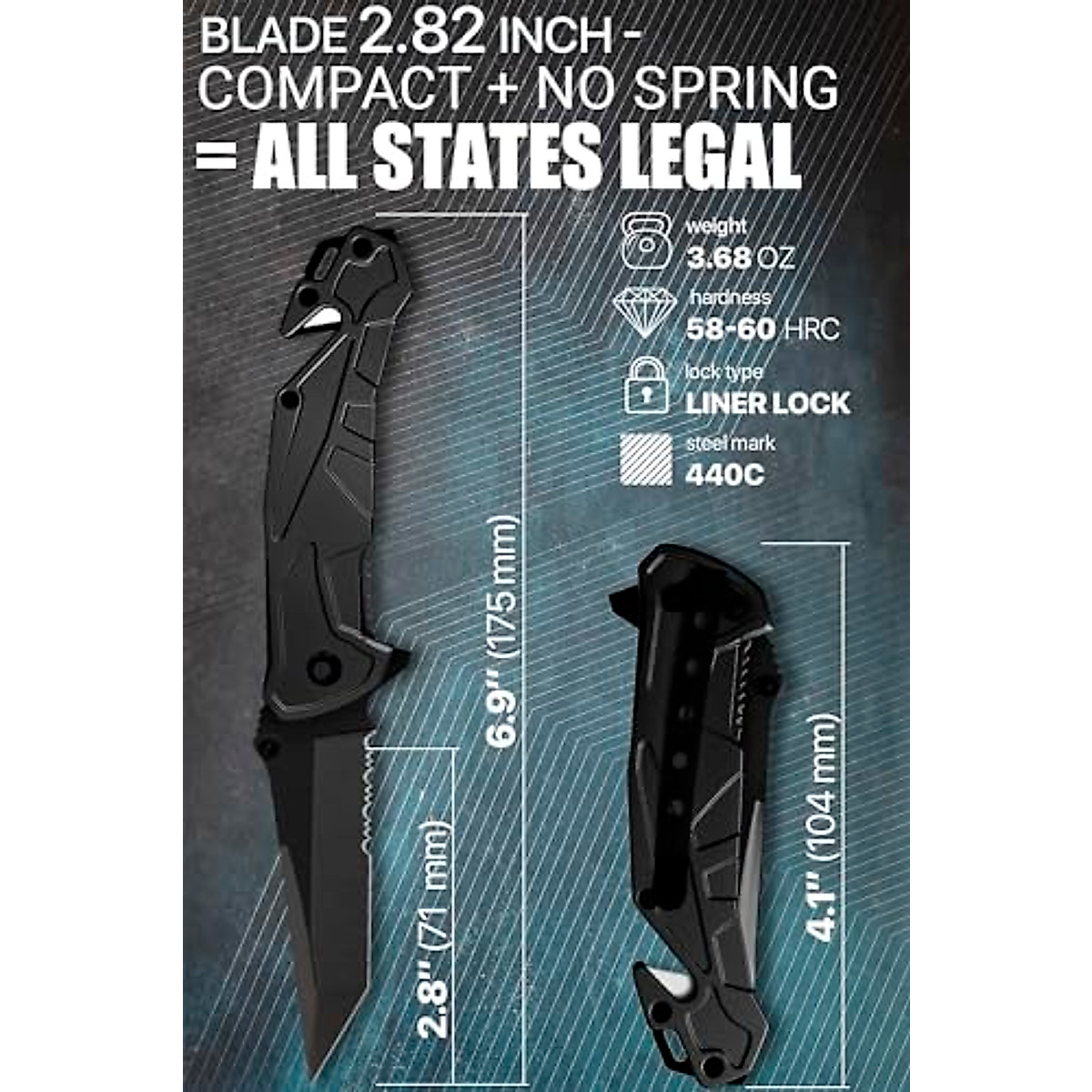 Tactical Knife for Men - 2.8 Inch Tanto Serrated Blade - Black Pocket Knife with Glass Breaker Seatbelt Cutter Pocket Clip - Cool Folding Knives for Camping Military Work - Birthday Mens Gifts 6620