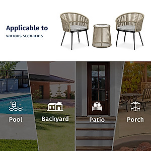 EAST OAK 3-Piece Patio Bistro Set, Patio Conversation Bistro Set with 2 Wide Ergonomic Chairs, Cushions & Glass Top Side Table, Outdoor All-Weather Wicker Furniture for Porch, Backyard, Brown & Grey