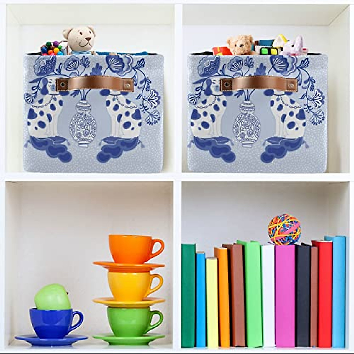 JUAMA Staffordshire Dogs in Chinoiserie Style Blue and White Porcelain Large Foldable Open Storage Bins With Handles Rectangular Baskets Cube for Closet Office Nursery Toys Bedroom Home Organizer