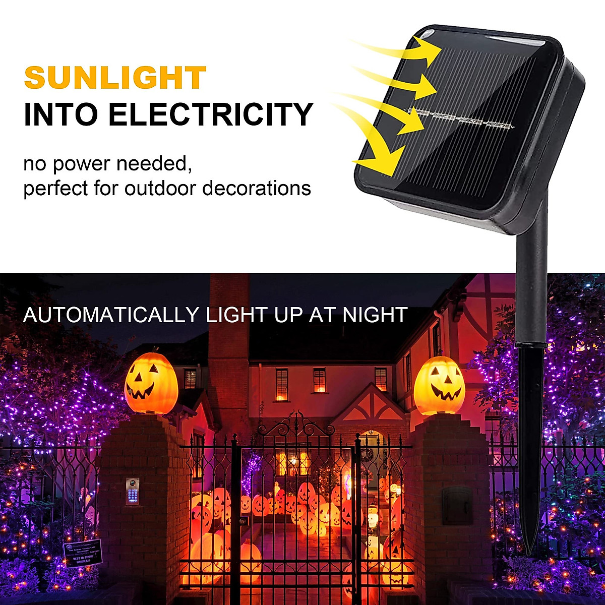 kemooie 2 Pack Total 200 LED Solar Halloween Lights, 8 Twinkle Modes Upgraded Solar Powered Fairy Lights, for Outdoor, Garden, Balcony Party Halloween Decorations (Purple and Orange)