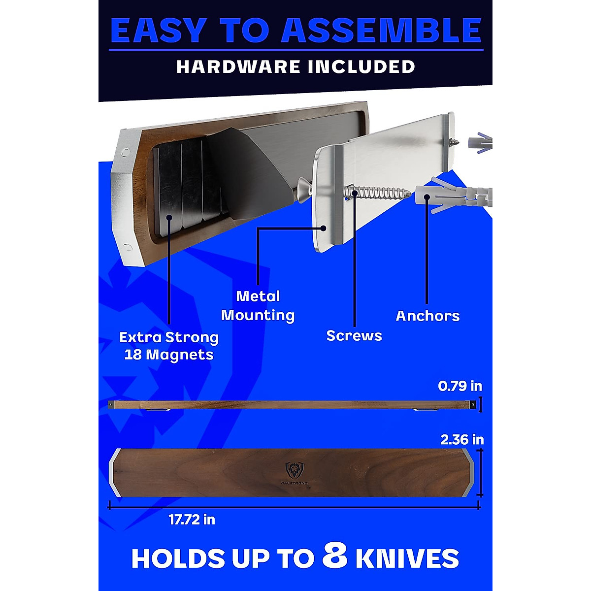 Dalstrong Magnetic Knife Holder Wall - Premium North American Walnut Wood - Knife Magnetic Strip - Aluminum Frame - 18" x 2.5" - Powerful Magnet Kitchen Bar - Easy Mount - Safely Display your Knives