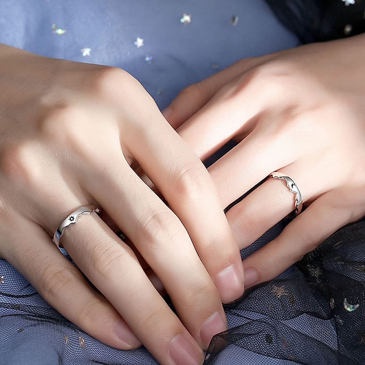 Couple Matching Rings for Woman Man Angel Devil Wings Dragon Arrow Open Rings Adjustable Sun Moon Promise Rings Set Friendship Rings Black White Couple Rings for Her and Him (Silver Sun Moon)
