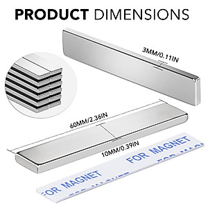 TRYMAG Neodymium Magnet, 6 Pack Strong Bar Magnets with Double-Sided Adhesive, Heavy Duty Metal Magnet Bar, Epoxy Coating Earth Magnets Perfect for Shower Door, Garage, Science, DIY - 60 x 10 x 3 mm