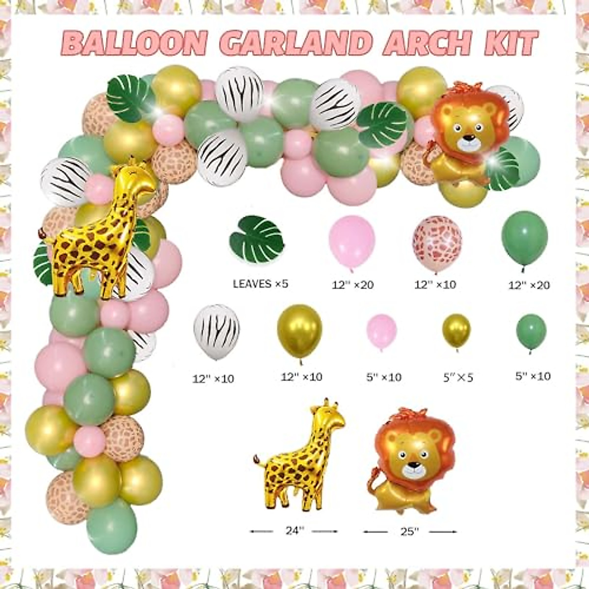 Fiesec Young Wild and Three Decorations Girl, Jungle Safari Animal Theme 3rd Party Decorations Backdrop Balloons Banner Cake Cupcake Topper Poster Crown Lion Cheetah Giraffe Pink 119 PCs