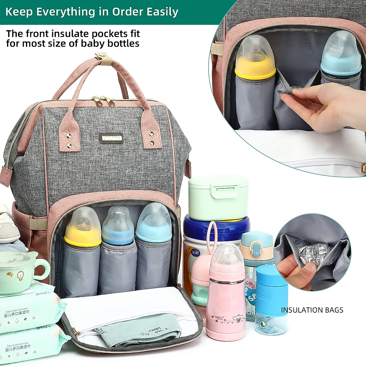 Diaper Bag for Baby Girls Boys, Baby Nappy Changing Bag with Insulated Pockets for Moms Dads, Multi-functional Waterproof Backpack with Stroller straps-Pink