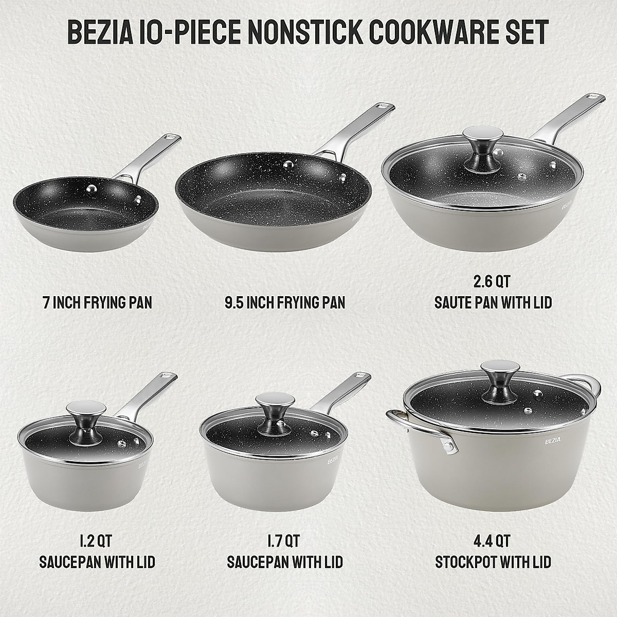 BEZIA Pots and Pans Set Nonstick, Induction Cookware Sets 10 Piece, Compatible with All Stoves, Dishwasher Safe Kitchen Cooking Pan Set with Frying Pans, Saucepans & Stockpot, Grey