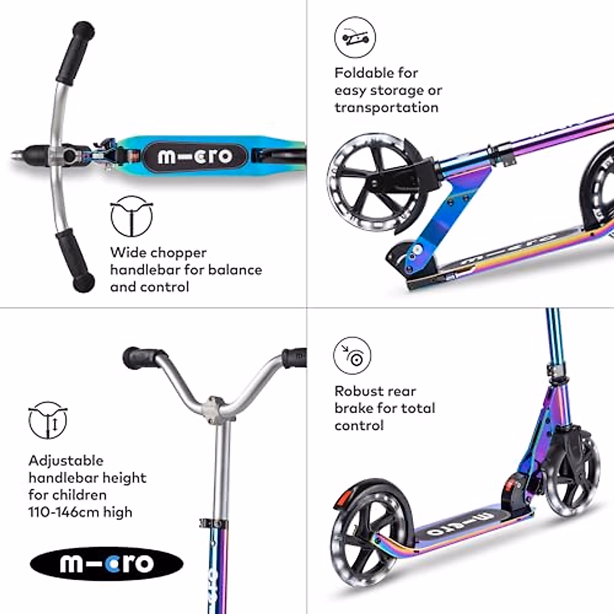 Micro Kickboard - Micro Cruiser LED Neochrome - Two Wheeled, Fold-to-Carry Swiss-Designed Micro Scooter for Kids with Smooth Glide Light-Up Large Wheels for Ages 6+