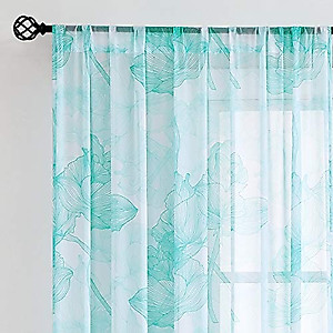 Treatmentex White Blue Print Sheer Window Curtains for Living Room Bedroom Floral Botanical 96 inches Long Soft Chiffon Drapes for Summer Semi Sheer Curtains 2 Panels Rod Pocket Aqua