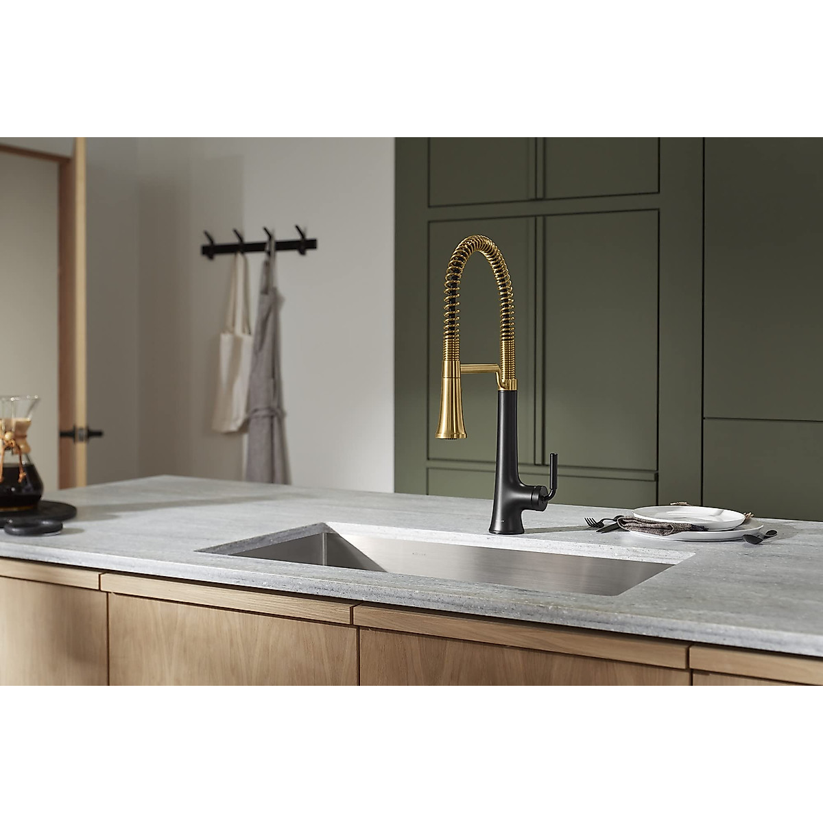 KOHLER 23765-BMB Tone Semi Professional Kitchen Faucet, Matte Black Moderne Brass