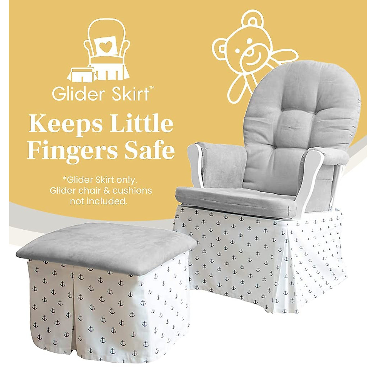 Glider Skirt, Universal Fit Safety Skirt for Glider Chair and Ottoman for Nursery, Baby Proofing Pinch Guard, Glider Chair and Ottoman Sold Separately, Safe Harbor Anchor Style