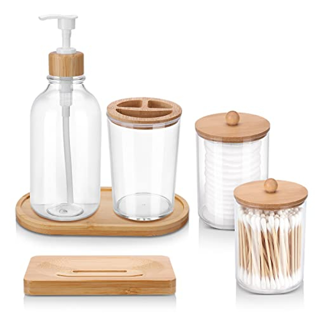 Fixwal Bamboo Bathroom Accessories Set of 6 - Toothbrush Holder, Soap Dispenser, Soap Dish, Tray and Two Plastic Qtip Medicine Jars with Bamboo Lid for Boho Counter Toilet Bathroom Decor