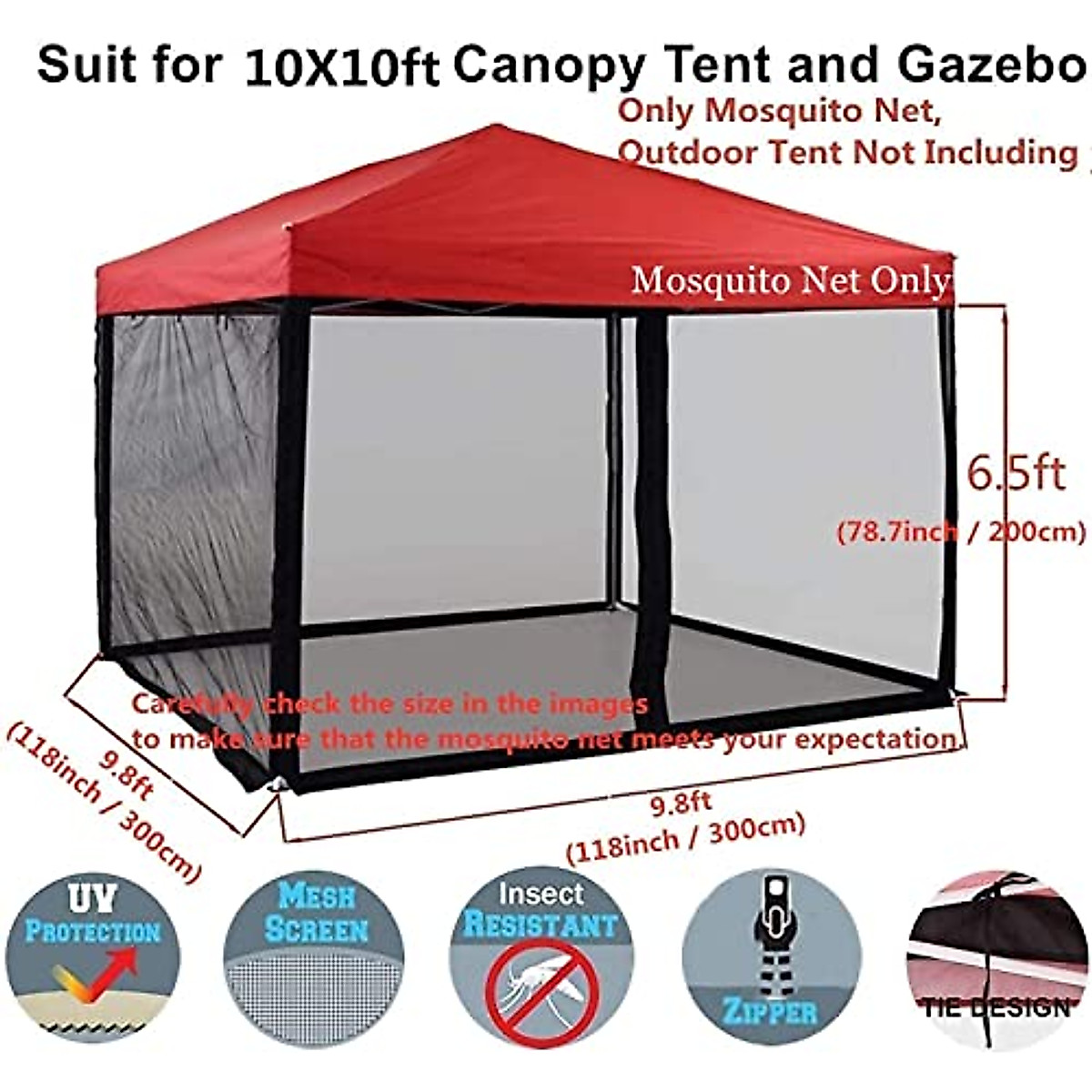 Mosquito Net for Outdoor Patio and Garden, Screen House for Camping and Deck, Gazebo Screenroom, Zippered Mesh Sidewalls for 10x 10' Gazebo (Black)