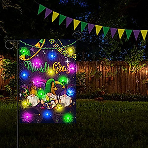 Mardi Gras Lighted Garden Flag Double Sided Masquerade Beads Yard Flag Fleur De Lis Carnival House Flag Vertical Holiday Decorative Yard Flag for Mardi Gras Yard Outdoor Decoration, 12 X 18 Inch