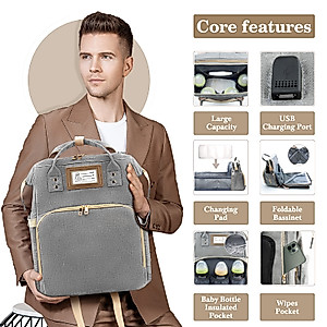 DAVFUN Diaper Bag Backpack with Changing Station, Portable Foldable Baby Bags for Boys, Large Capacity Waterproof Travel Bags with Changing Pad and Stroller Straps for Mom Dad (Grey)