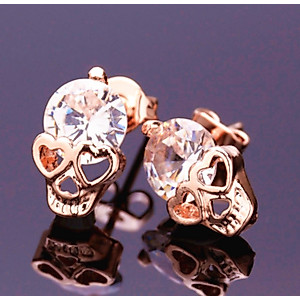 Zittop Rose Gold Women Tone Crystal Diamond Skull Pierced Stud Earrings Jewelry