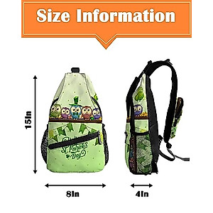 Sling Backpack, St. Patrick's Day Owls Banners Balloons Green Waterproof Lightweight Small Sling Bag, Travel Chest Bag Crossbody Shoulder Bag Hiking Daypack for Women Men