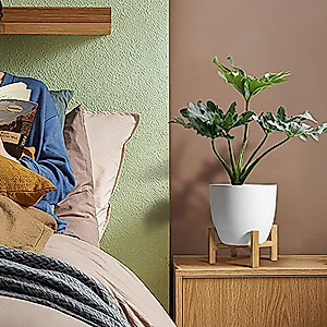 T4U 7 Inch Self Watering Planter with Bamboo Stand Set of 2, Plastic White Flower Pot for Indoor Herb Plant, Aloe, African Violet, Nursery Seedling Pot Round, Modern Decor for Home, Garden, Office