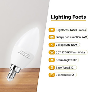 HengBo LED E12 LED Candelabra Bulbs, 60W Equivalent E12 Light Bulbs, C37 Candle Base Chandelier Light Bulbs, Non-Dimmable, Warm White 2700K, Pack of 6