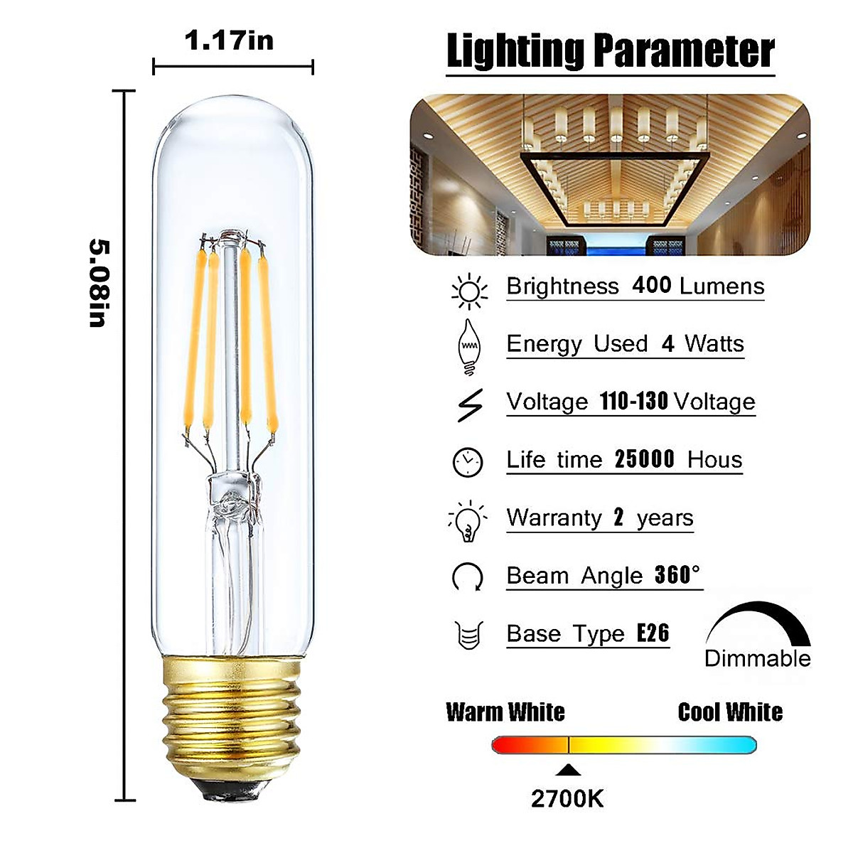 Leools Led Tube Bulb Glass 4W Dimmable Edison T10 Tubular Bulb,E26 Medium Base Filament Lamp 40 Watt Incandescent Bulb Equivalent 2700K Warm White,Clear Glass,No Flicker,3 Pack.