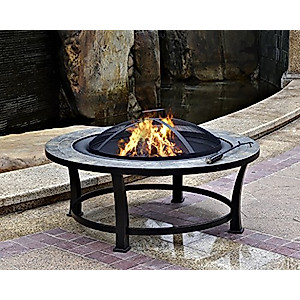 Hiland FT-51216 Burning Fire Pit w/Wood Grate and Domed Mesh Screen Lid, Medium, Stone